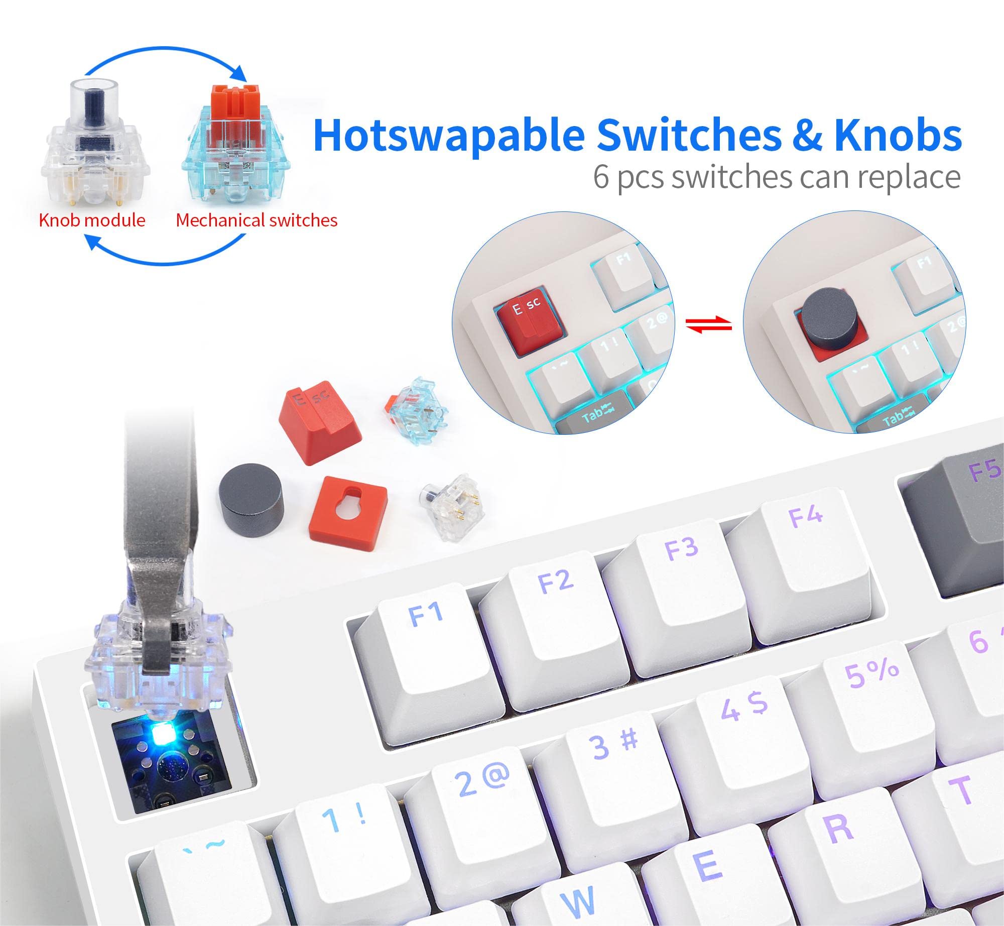 BOYI GK75 Tri-Mode 75% Keyboard with Knob Hot Swappable RGB Mechanical Keyboard,2.4Ghz/Bluetooth 5.0/Wired Keyboard 80 Keys Programmable Gmaing Keyboard (Skyloong Brown Switch,Cool-Red Theme)