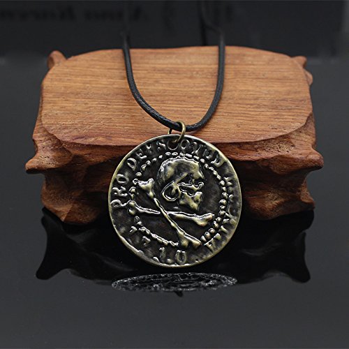 Antique Bronze Uncharted 4 Drake Engraved Skull Gold COIN Pendant Necklace,Black leather Chain