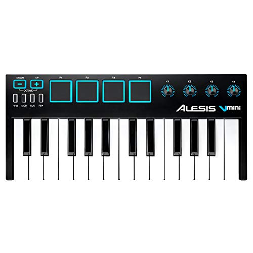 Alesis V-Mini - 25-Key USB MIDI Keyboard Controller with 4 Backlit Sensitive Pads, 4 Assignable Encoders and Professional Software Suite Included
