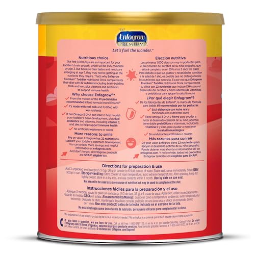 Enfagrow Premium Toddler Nutritional Drink, Vanilla Flavor, Omega-3 DHA for Brain Support, Prebiotics & Vitamins for Immune Health, Powder Can, 32 Oz, Pack of 4