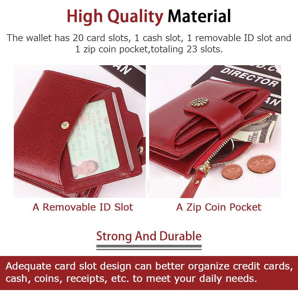Dyeek Women Genuine Leather Wallet Short Wallet Ladies Purses Luxury Wax Leather Card Holder Large Capacity Multiple Card Position Zipper Coin Pocket(Wine Red) , Medium