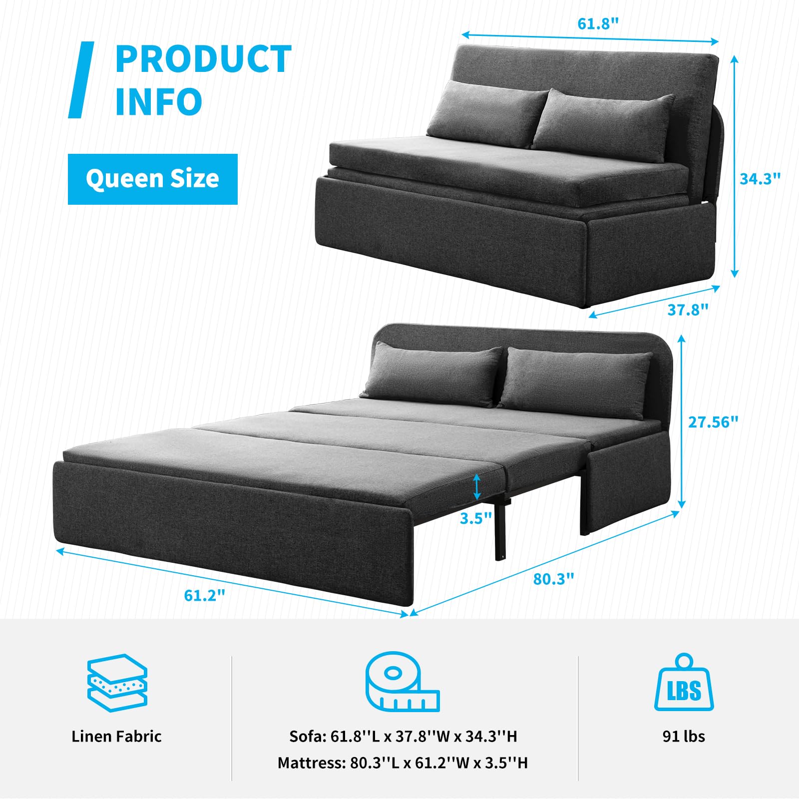 Mjkone Queen Size 2 in 1 Convertible Sofa Bed, Linen Loveseat with 1 Foldable Mattress and 2 Cushions, Pull Out Sleeper Sofa,Couch Bed for Small Place, Apartment and Office - Dark Gray