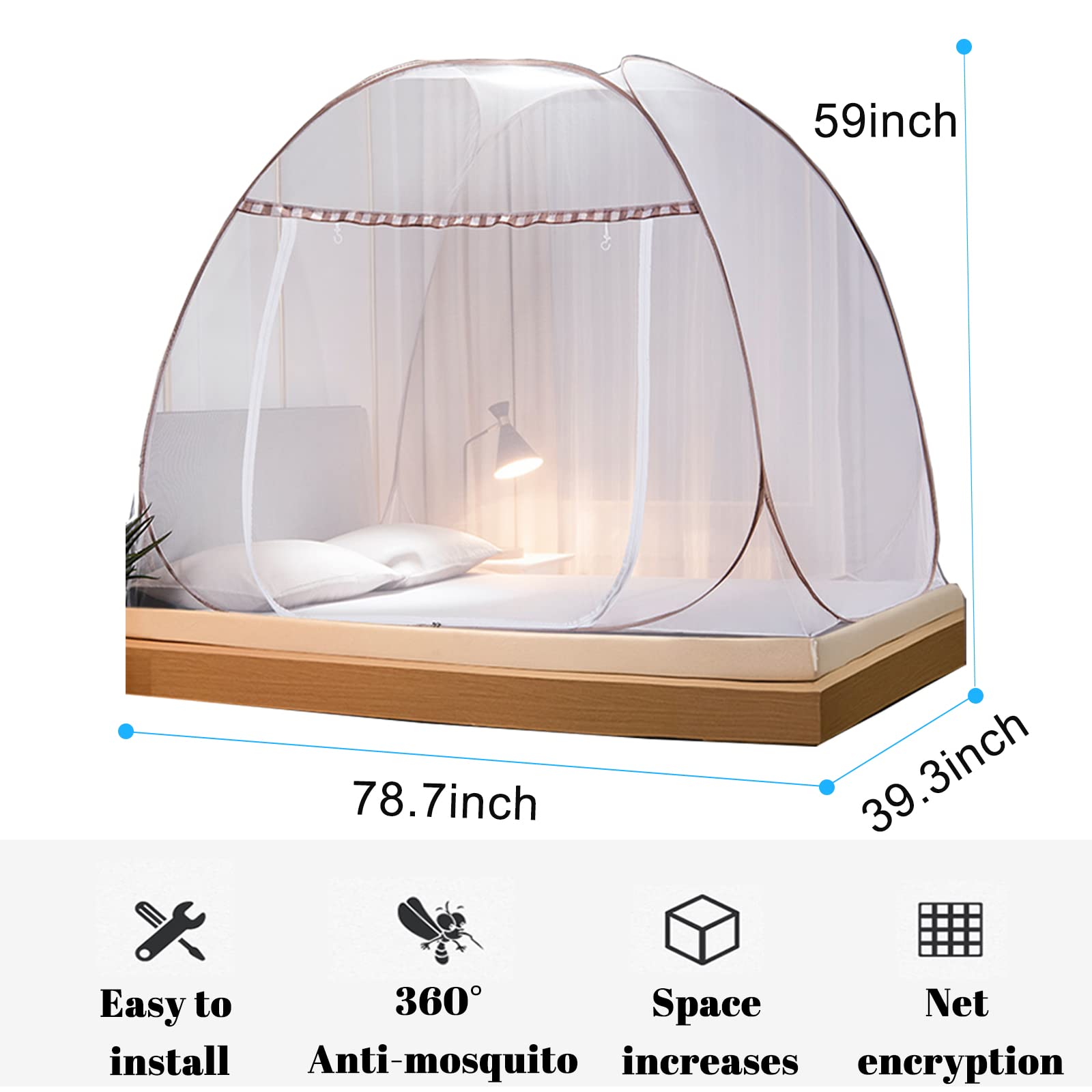 Fancylovesotio Mosquito Netting for Bed with Mosquito Head Net Mesh, Travel Portable Folding Bed Net Tend with Bottom for Twin and King Size Home Outdoor Brown,1.0M