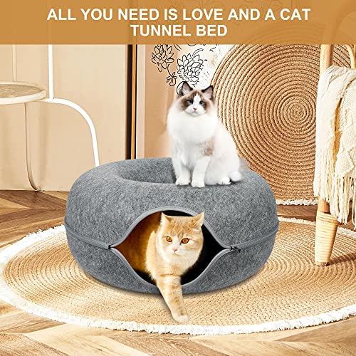 Cat Tunnel Bed, Cat Cave Bed ,Beds for Indoor Cats - Large Cat House for Pet Cat Cave ,Detachable Round Felt & Washable Interior Cat Play Tunnel for Small Pets (24 Inch, Dark Grey)