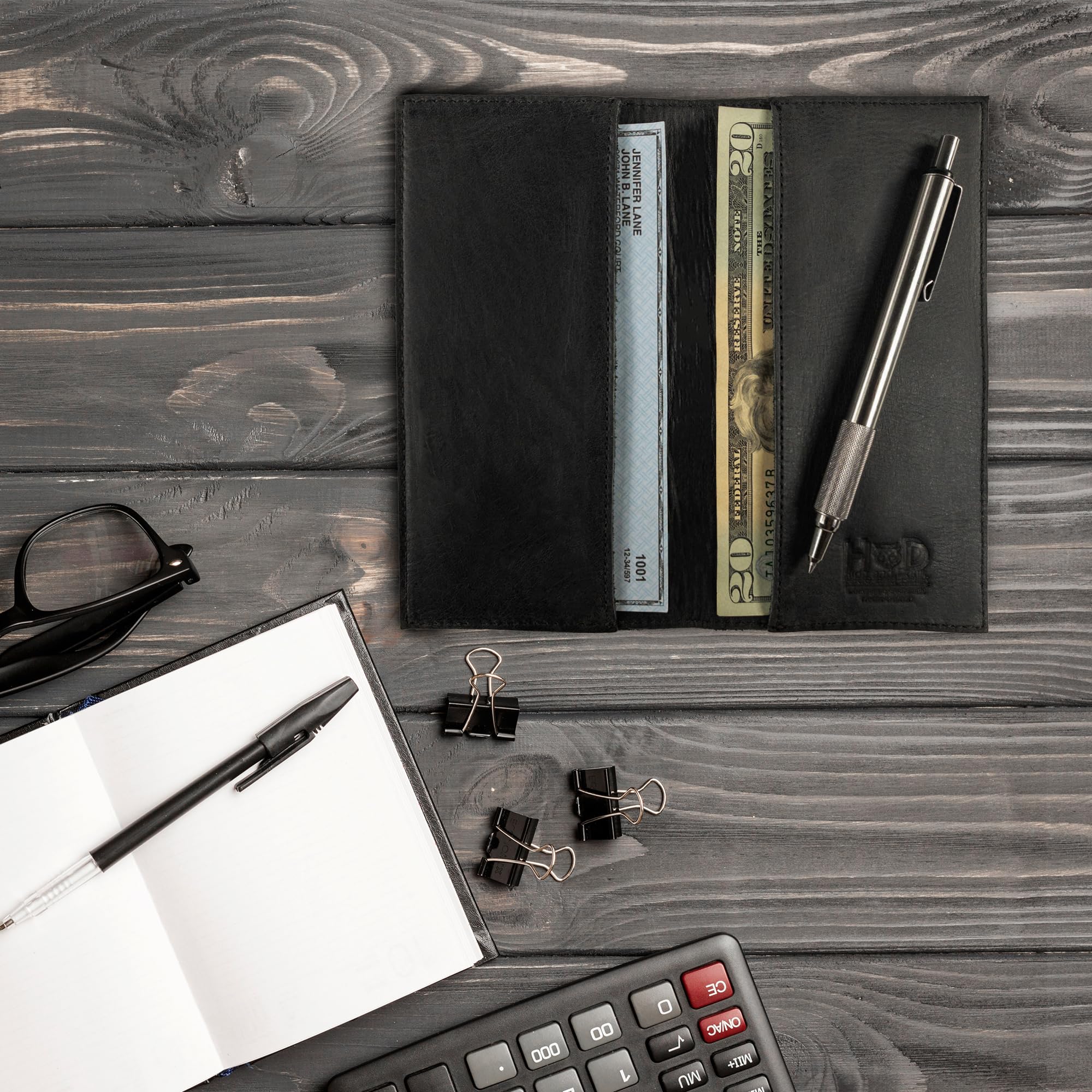 Hide & Drink, Checkbook Cover, Minimalist Organizer, Check Presenter, Bill Holder for Waiter and Waitress, Restaurant Accessories, Full Grain Leather, Handmade, Charcoal Black