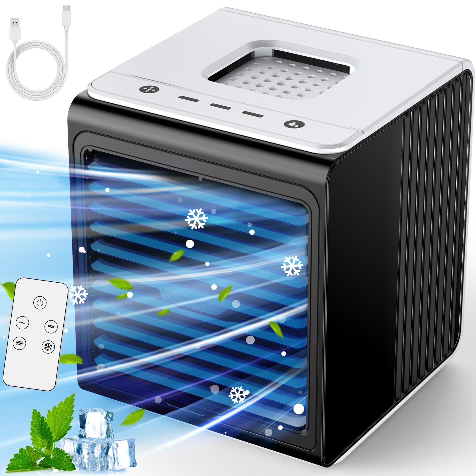 CENSTECH 3-IN-1 Mini Air Conditioner with Remote, Top Splash-Proof Design, 3 Speeds Small Portable Air Conditioner, Large Capacity Tank Personal Air Conditioner, Desk Air Conditioner for Office Room