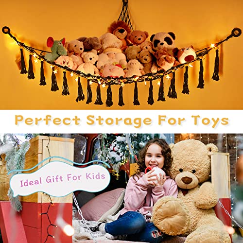 Stuffed Animal Net or Hammock, 63"x 50"x50" Stuffed Animal Toy Storage Hammock with Led String Lights, Corner Hanging Toy Net Organizer Boho Decor for Nursery Kids Room Bedroom (Black)