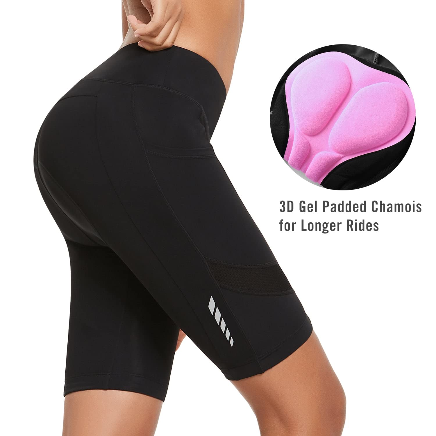 BALEAF Womens Cycling Bike Shorts, Padded Bicycle Biking Spin Biker Shorts Padding Pocket UPF50+, Large, 01-Black-Pocket Mesh