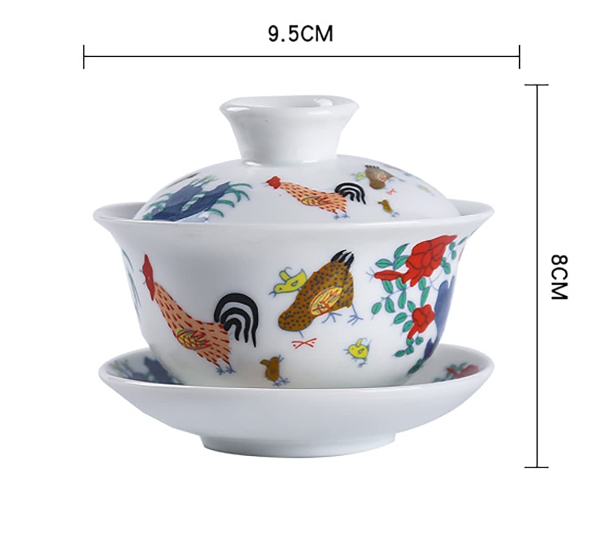 Bicuzat Funny Chicken Rooster Pattern Gaiwan Tea Cup, Kung Fu Teacups, 5 oz Cup and Saucer Set with Lid