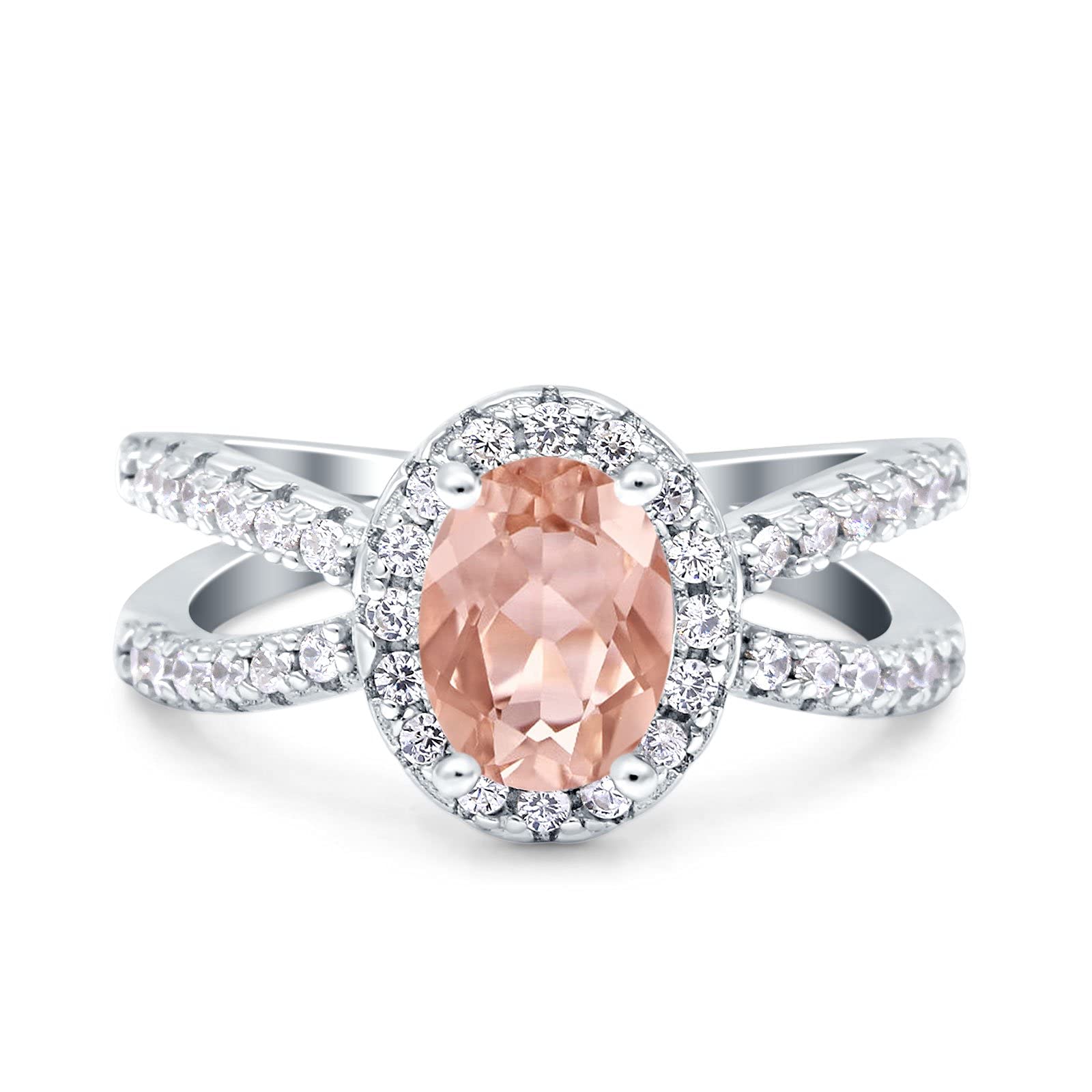 Blue Apple Co. Simulated Morganite Cubic Zirconia Size-10 Split Shank Halo Oval Wedding Engagement Ring Round CZ 925 Sterling Silver
