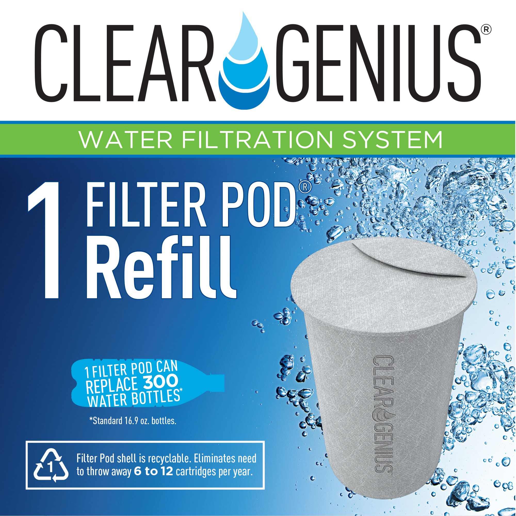 Clear Genius Water Pitcher Filtration System FWP-1, Includes Reusable Filter Cartridge and Filter Pod Refill, Clear, 6-Cup Capacity