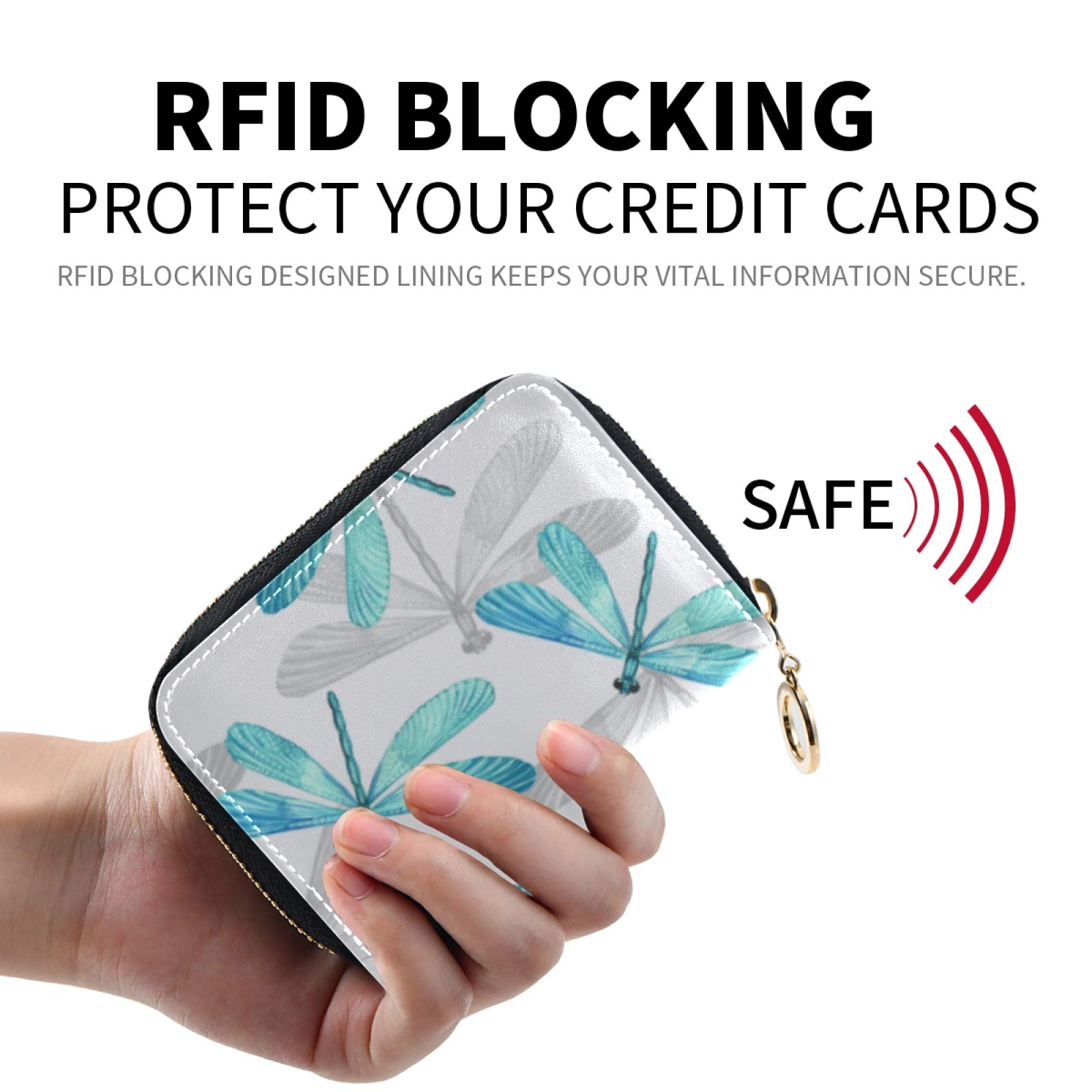 MOYYO RFID Credit Card Holder Case Watercolor Blue Dragonfly Leather Printed Zipper Card Case Wallet for Women Girls