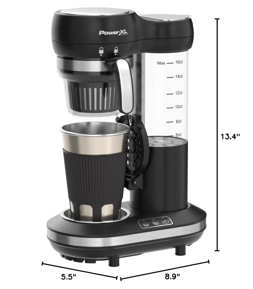 PowerXL Grind & Go, Automatic Single Serve Coffee Maker with Grinder Built-in and 16 oz. Travel Mug, Single Cup Drip Coffee Machine, Stainless Steel Blades, CL-004, Black