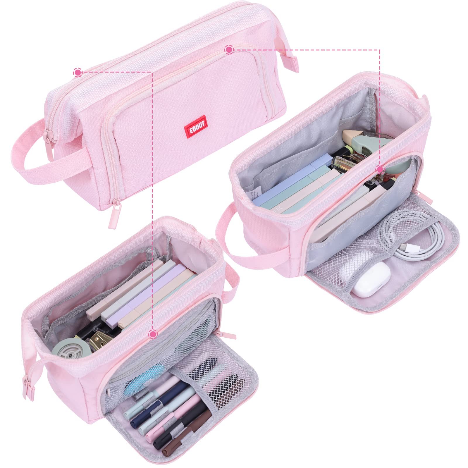 EOOUT Large Pencil Case, Big Capacity Pencil Bag with 3 Compartments, Can Hold 100 Pencils,Aesthetic School Supplies For Girls, Pink (Pink)