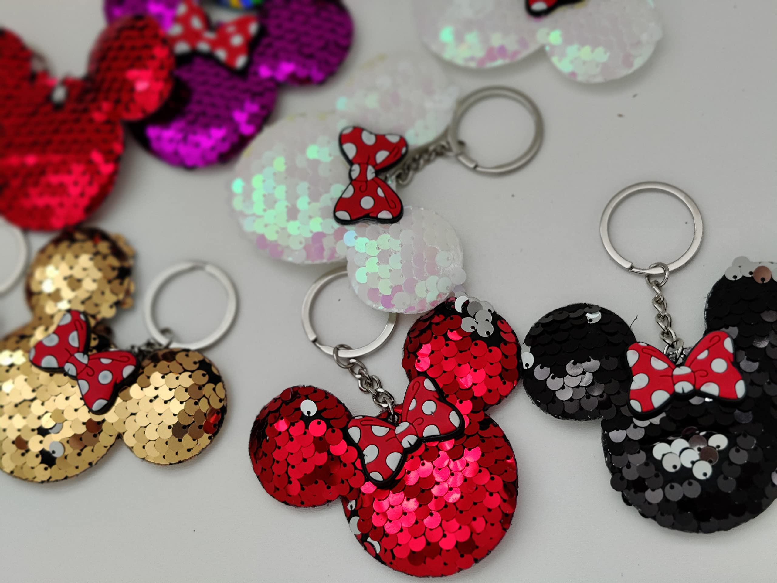 ITISMINE 12 pieces Sparkly BLINK Plush Reversible Sequin 3 inch Key Chain Appeal Backpack Bag Accessories (Minnie Shape), Red Pink Gold Silver Rainbow, 1 size fit all