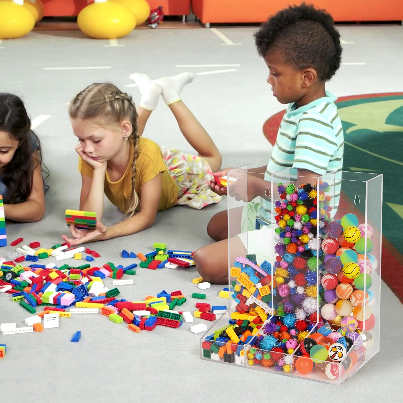 Bfttlity Acrylic Wall Toy Dispenser Acrylic Wall Organizer Kids Furniture for Playroom with 3 Compartment for Blocks, Balls, Puzzles and Coffee Capsule