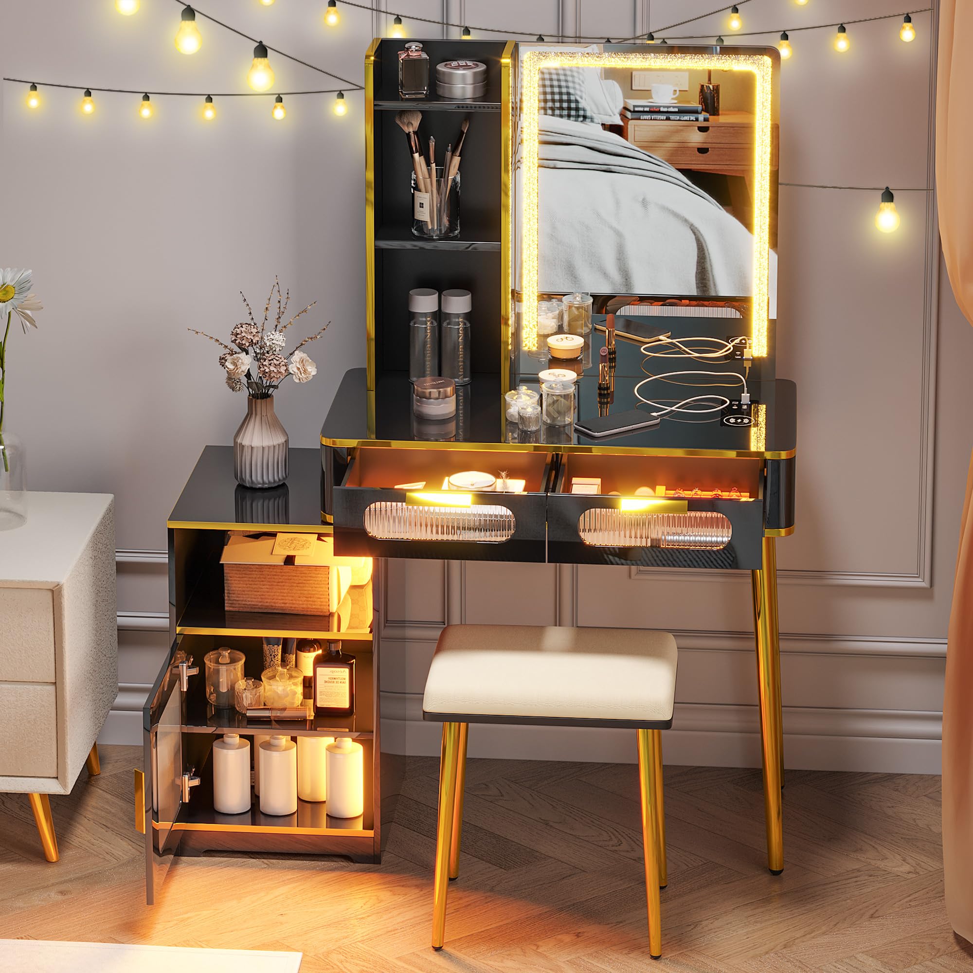 SKKTKT LED Vanity Desk, Retractable Makeup Vanity with Nightstand and Lighted Mirror, Black Makeup Vanity with Voice Control & Charging Station, Dressing Table Set with Jewelry Organizer