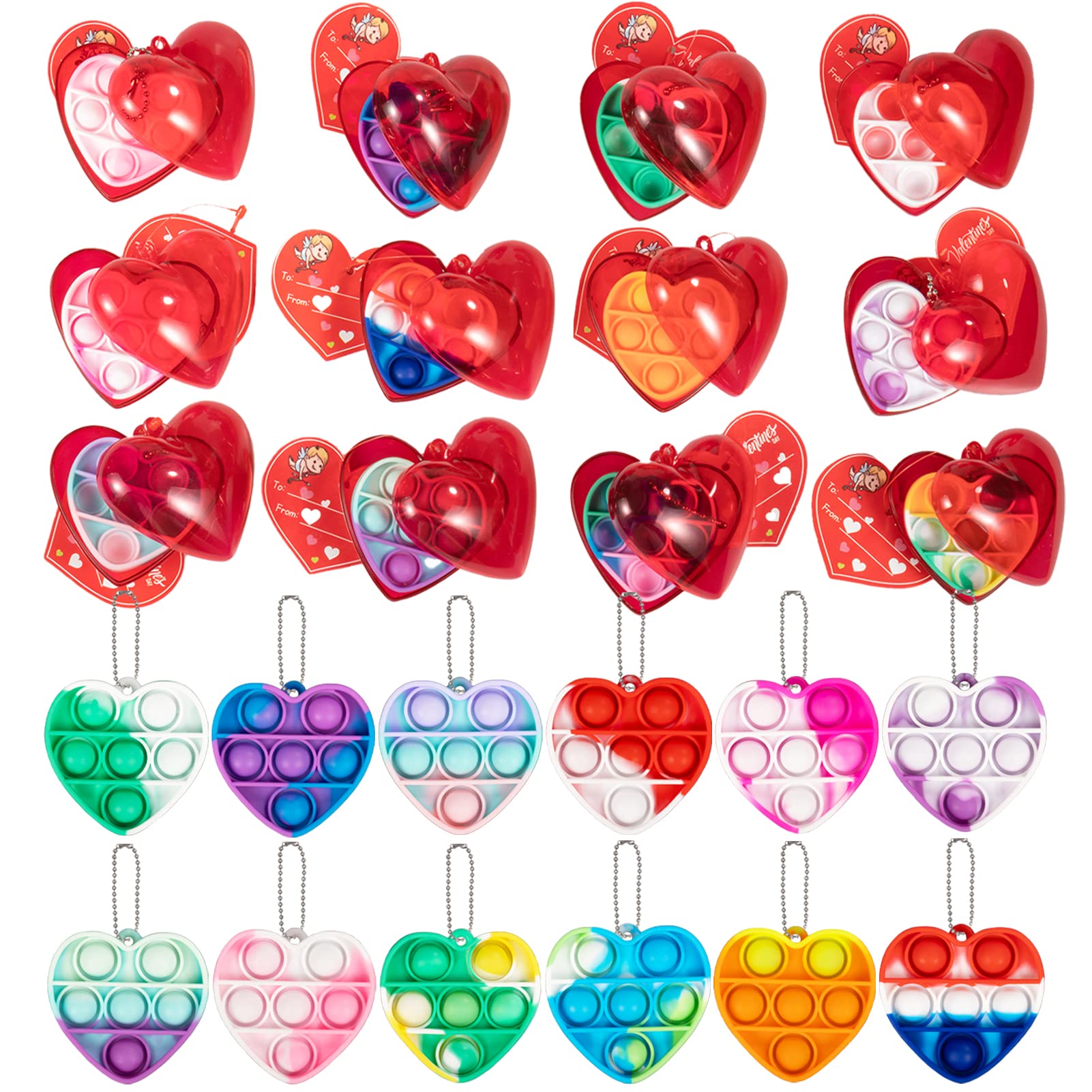 Kids Valentines Gifts Mini Pop Set - 12 Pack Valentine's Day Heart Boxes with Fidget Keychains and Gift Cards for Kids School Class Exchange Gifts Valentines Party Favors