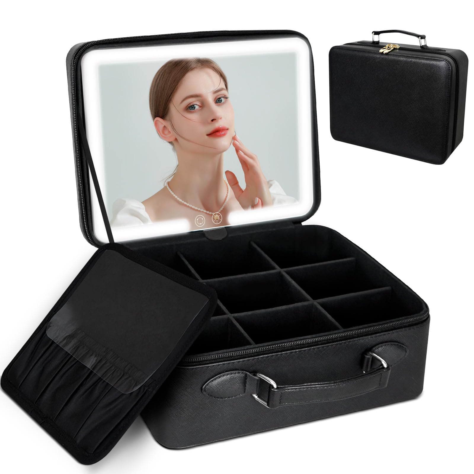 FASCINATE Makeup Bag with Light Up Mirror 3 Color Modes, Travel Cosmetic Makeup Case Organizer with Adjustable Dividers for Women, Portable Luxury Vegan Leather Train Case - Black