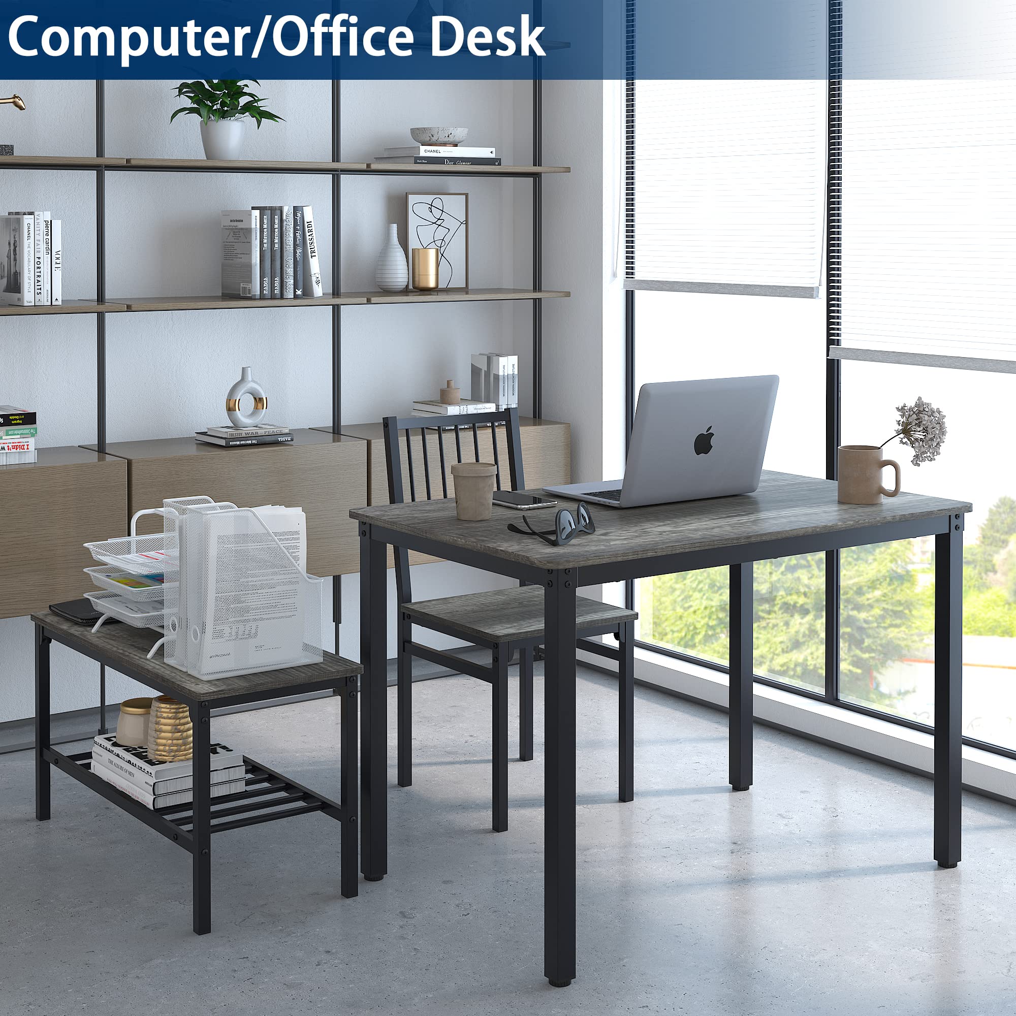 Teraves Dining Table Set for 4/Computer Desk,Kitchen Table with 2 Chairs and a Bench,Table and Chairs Dining Set 4 Picce Set for Dining Room (Black Oak+Black Frame,120CM)