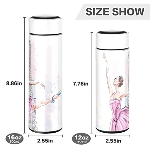 CaTaKu Eiffel Ballet Dancer Water Bottle Insulated 16 oz Stainless Steel Flask Thermos Bottle for Coffee Water Drink Reusable Wide Mouth Vacuum Travel Mug