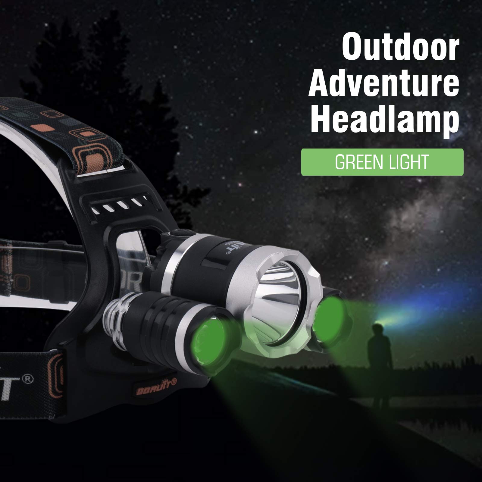 BORUIT RJ-3000 LED Green Headlamp,3 Modes White and Green LED Hunting Headlight,USB Rechargeable 5000 Lumens Tactical Head lamp for Fishing Running Camping Hiking