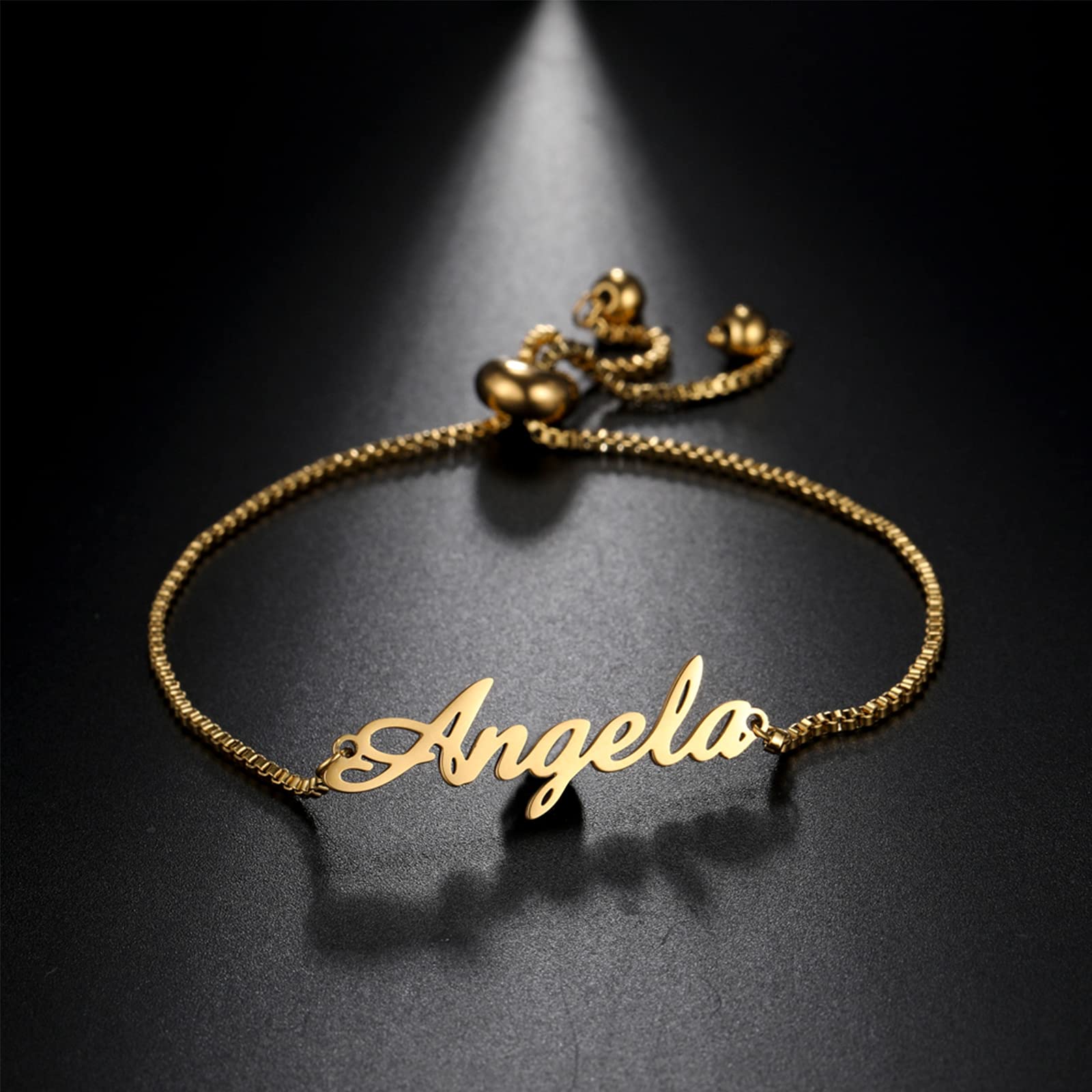 MRENITE 10k 14k 18k Solid Yellow Gold Personalized Name Bracelet β Dainty Name Plate Bracelet - Custom Any Name Gift for Women Adults Wife (Yellow Gold)