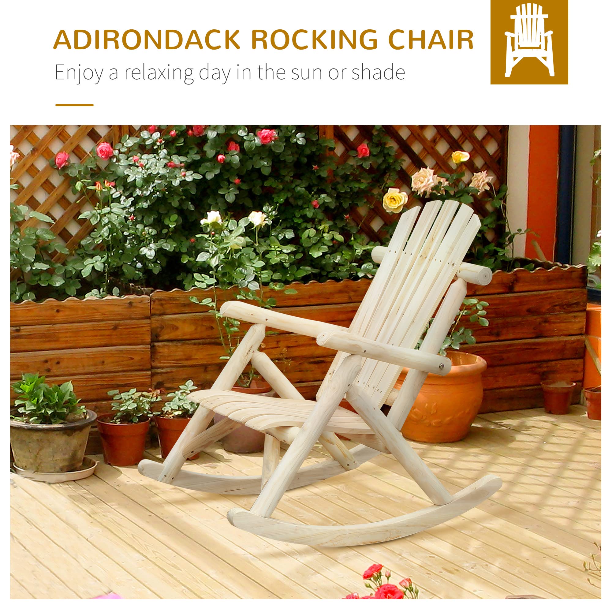 Outsunny Outdoor Wooden Rocking Chair, Single-Person Adirondack Rocking Patio Chair with Rustic High Back, Slatted Seat and Backrest for Indoor, Backyard, Garden, Carbonized