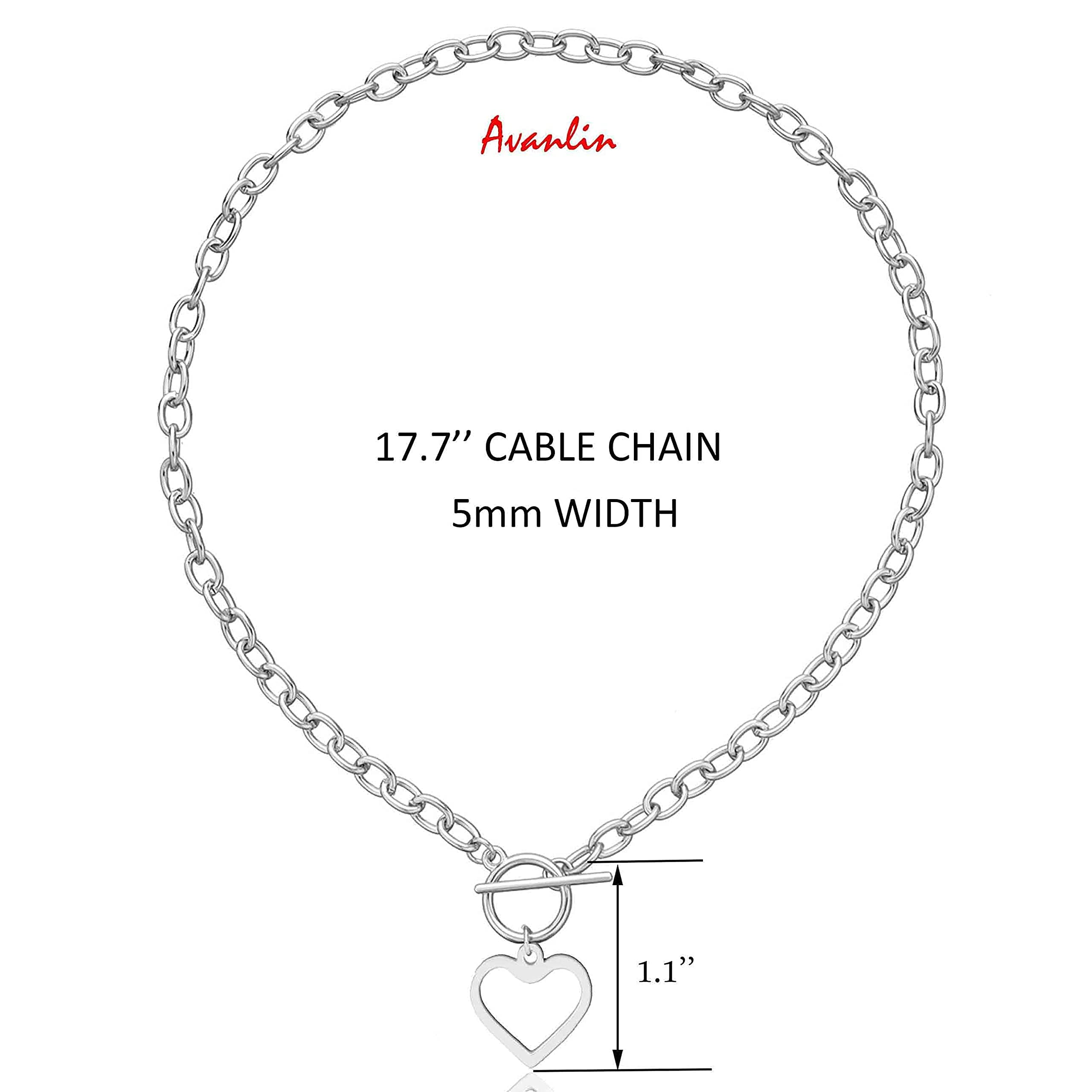 Avanlin Heart Pendant Choker Necklace Silver Stainless Steel Toggle Necklaces Cable Chain for Women Girls