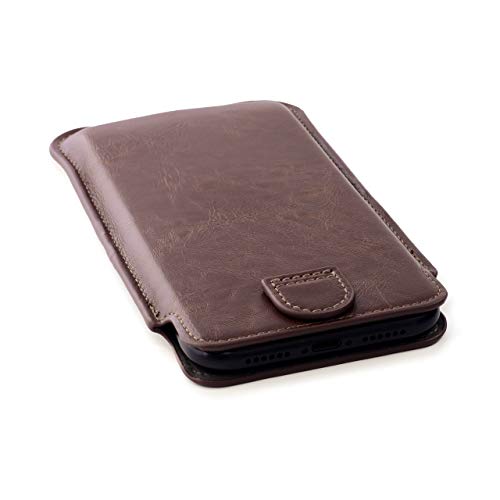 Dockem Provincial Wallet Sleeve for iPhone 14, 14 Pro, 13, 13 Pro, 12, 12 Pro, iPhone 11 & XR (6.1"): Slim Vintage PU Leather Cover with 2 Card Holder Slots: Professional Executive Pouch Case [Brown]