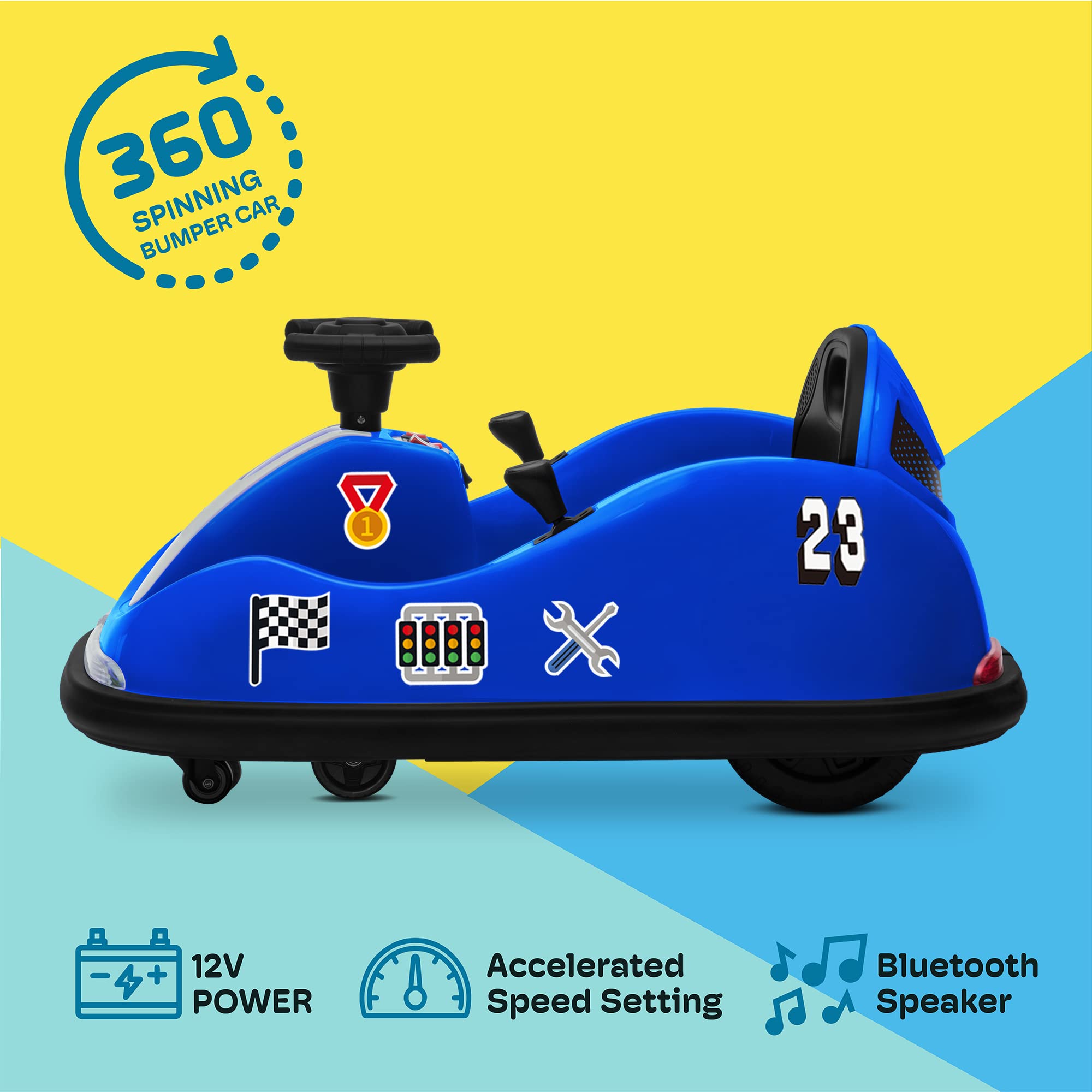 Kidzone 12V 2 Driving Mode (Steering Wheel/Joystick) Ride On Bumper Car for Kids & Toddlers 1.5-6 Year Old DIY Sticker Baby Bumping Toy Gifts W/Remote Control LED Lights, 360 Degree Spin