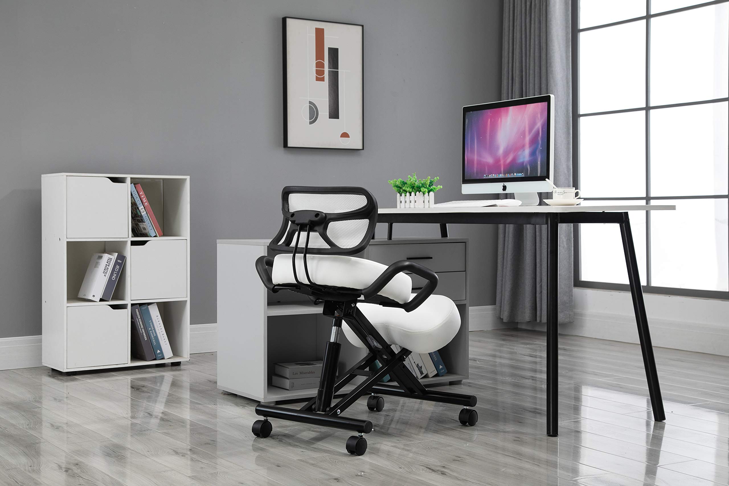 Beautiful Ergonomic Kneeling Chair with Thick Leather Cushions, Pneumatic Height Adjustment, Back Support, Side Handles, Back Pain Relief, Work from Home & Office, Stork [Updated August 2021]