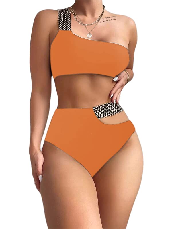 Avanova Women's Sexy One Shoulder Bikini Set Cut Out High Waisted 2 Piece Swimsuit Bathing Suit Orange Small