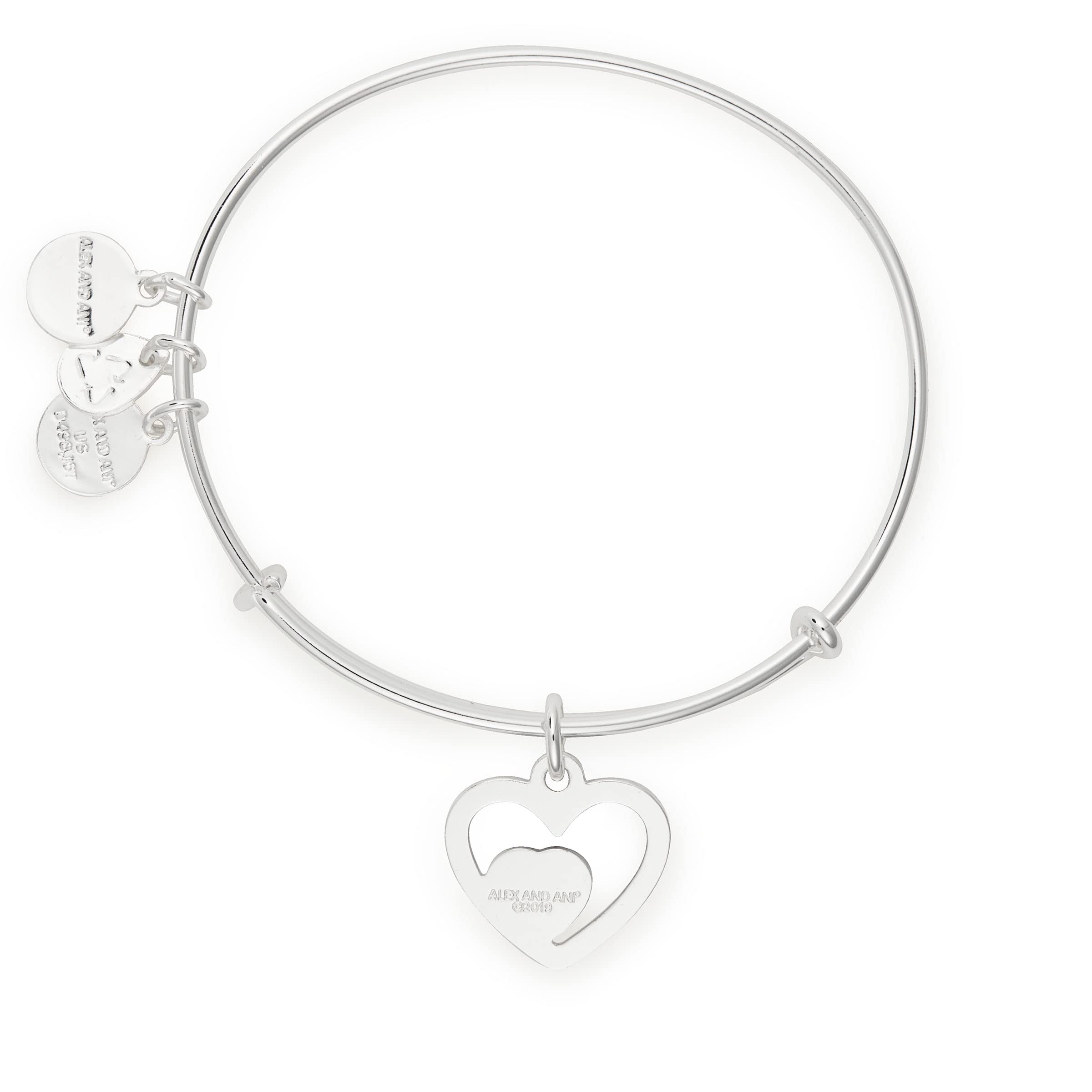Alex and Ani Tokens Expandable Bangle for Women, Heart in Heart Charm, Shiny Silver Finish, 2 to 3.5 in