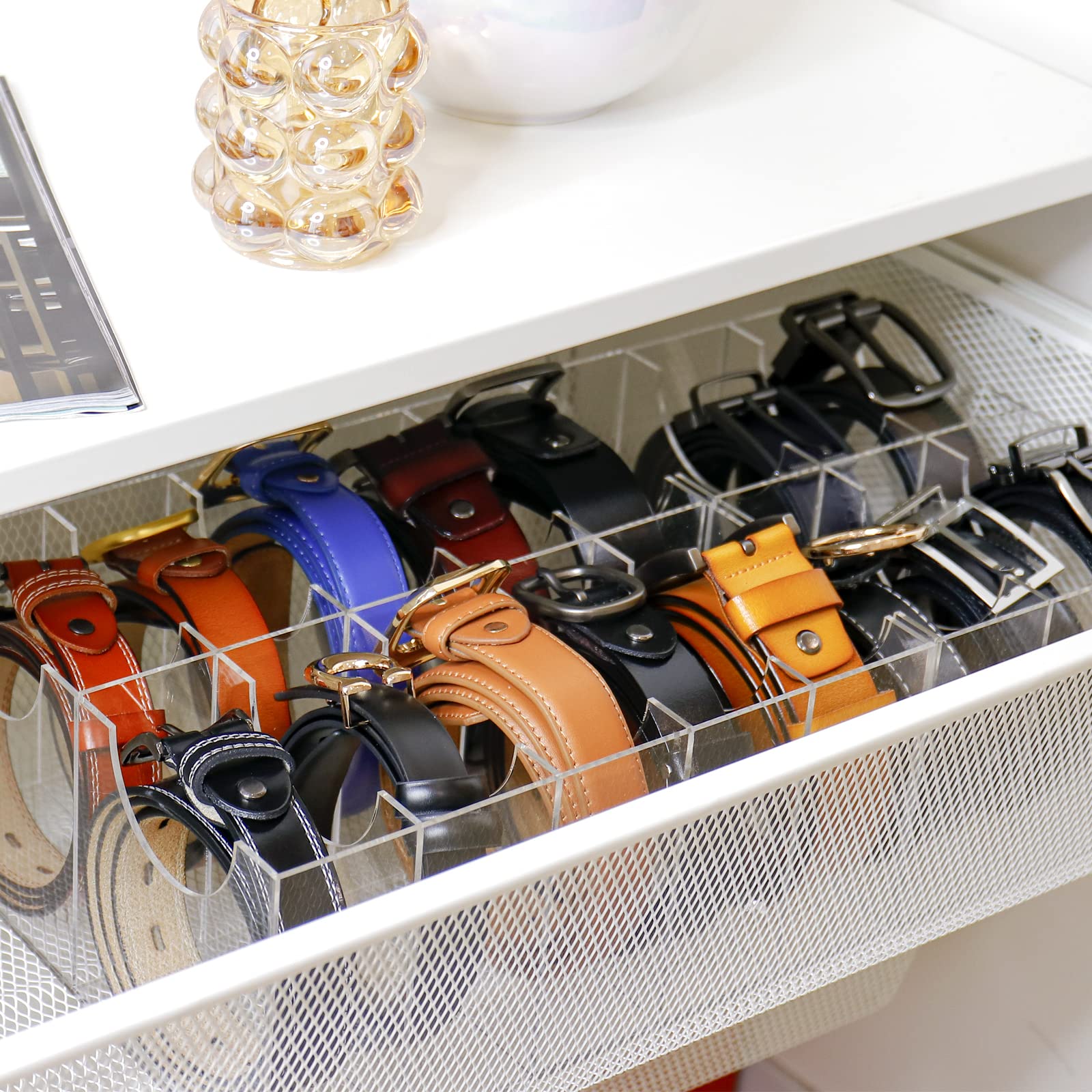Cutora Belt Organizer, Acrylic Belt Storage Holder for Closet and Drawer, 10 Compartments Belt Container for Checkroom, Clear Belt Divider Display Case