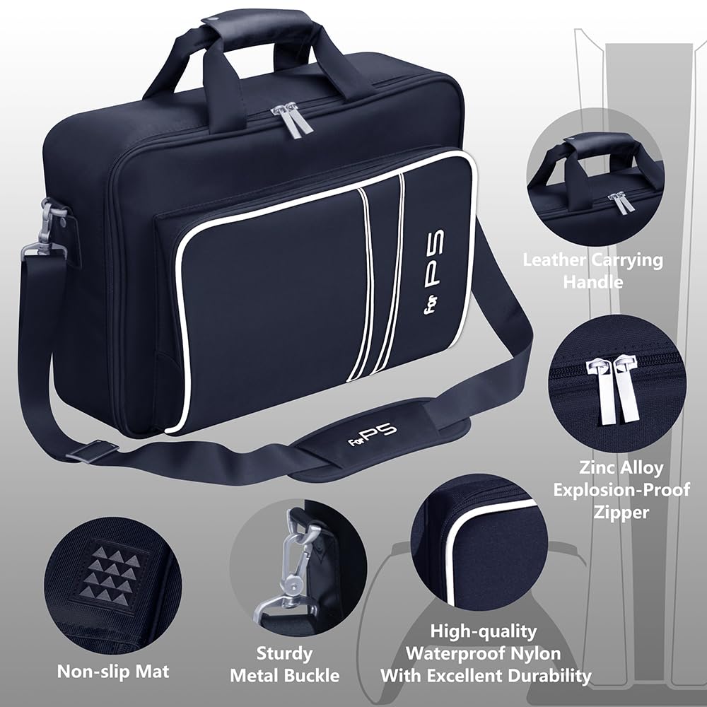omarando Gaming Console Carrying Case,Compatible with PS5 or PS5 Slim,Travel Carrying Bag for Game Controller and Accessories,Included Controller Protective Box (Black-White)