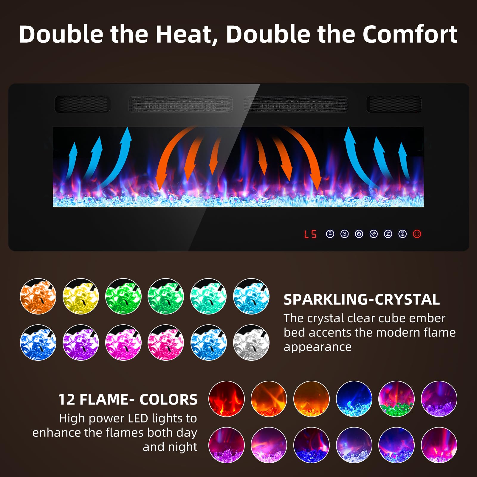BREEZEHEAT 50 inch Electric Fireplace Wall Mounted/Freestanding-Ultra Thin Fireplace Inserts for Living Room with Double Heat Vent, Remote Control, Touch Screen, Led Flame, 8H Timer, 750w/1500w