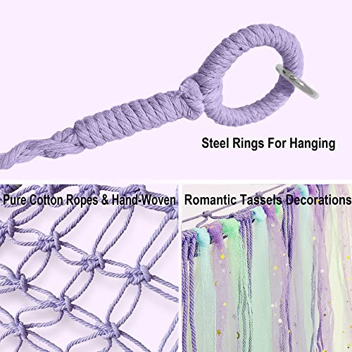 PlusRoc Stuffed Animal Storage Net Or Hammock With LED Star Light And Glow Stars, (Purple) Corner Toy Organizer Holder Bags For Kids Room Bedroom Wall Décor