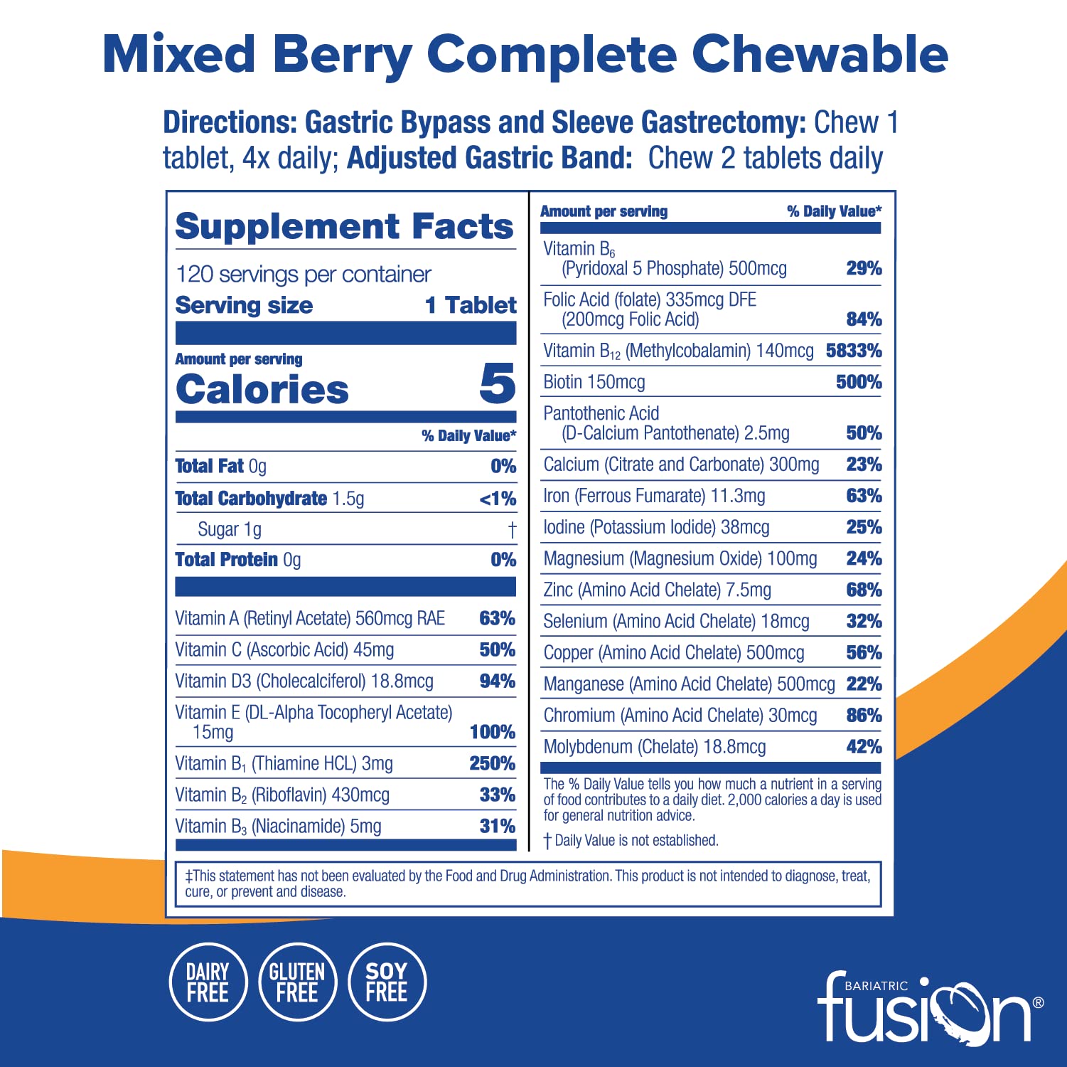 Bariatric Fusion Mixed Berry Complete Chewable Bariatric Multivitamin with Iron for Bariatric Surgery Patients Including Gastric Bypass and Sleeve Gastrectomy - 120 Tablets
