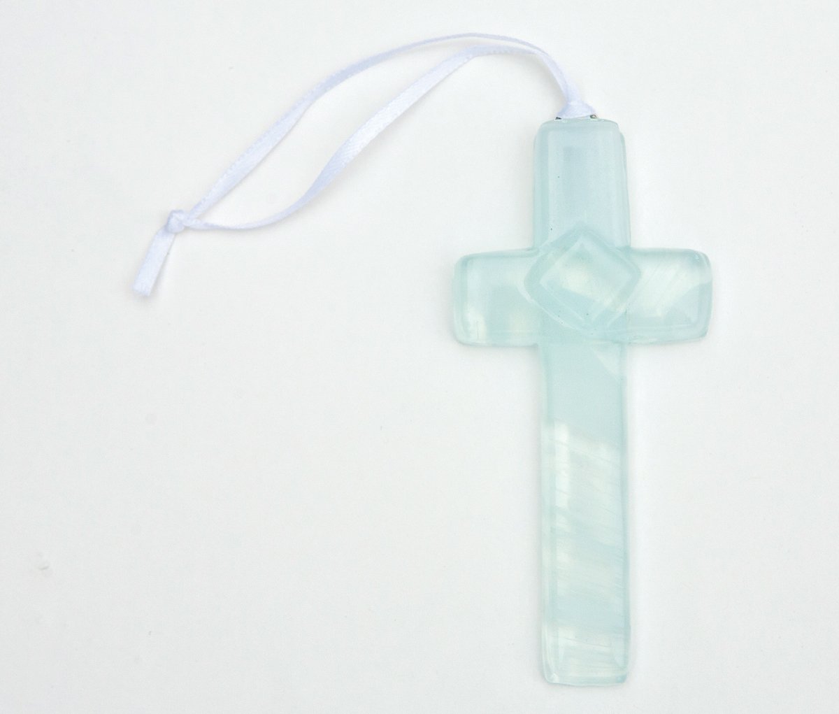 On Your Christening, Beautiful Baby Aqua/Clear Handmade Glass Cross Keepsake Gift
