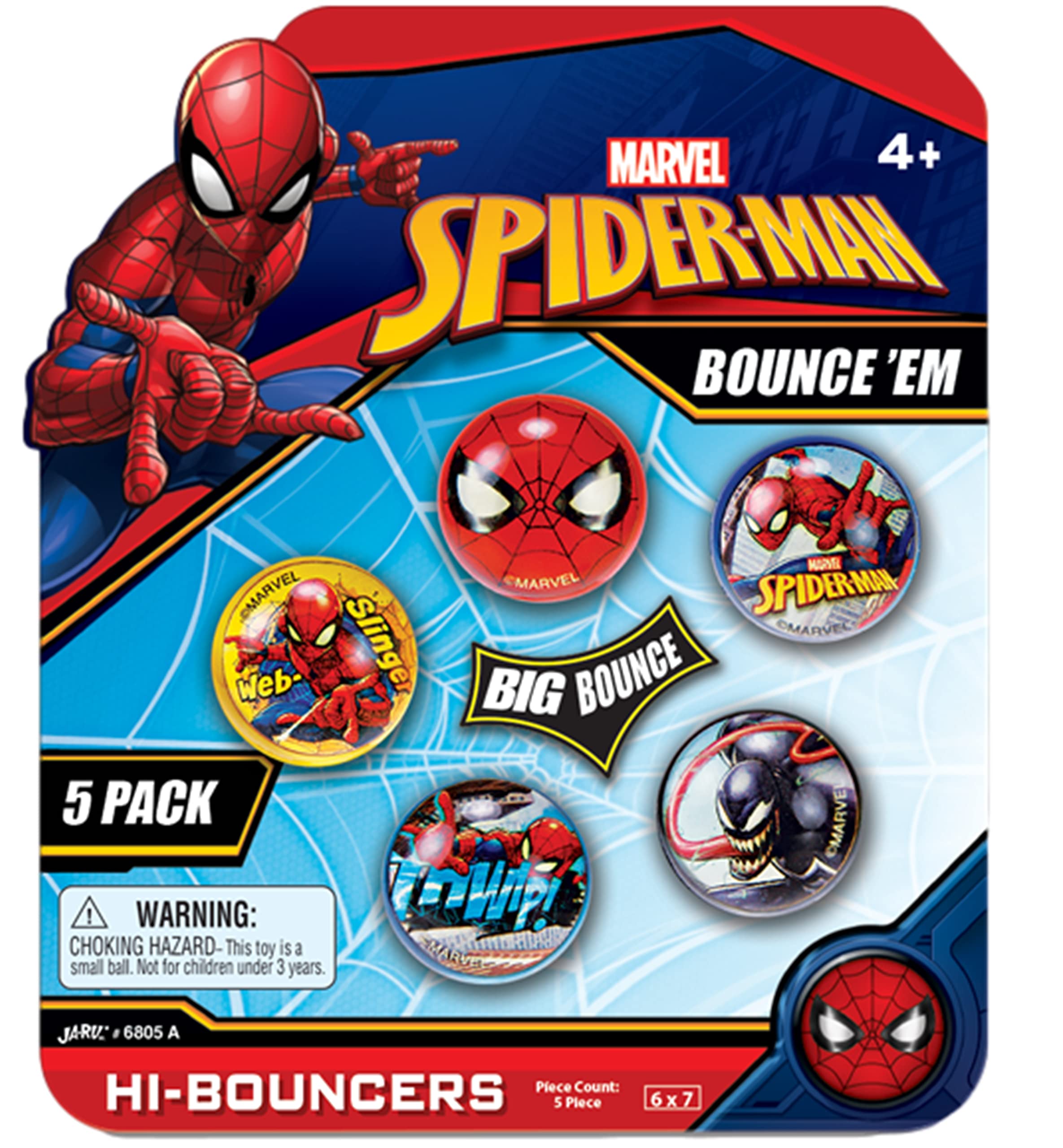 JA-RU Marvel Spiderman Bouncy Superballs Super Hi Bounce 1.2" (1 Pack of 5 Balls) Fidget Balls Small Toys for Kids Prize Premium Giveaways Gift Birthday Supplies A-6805-1