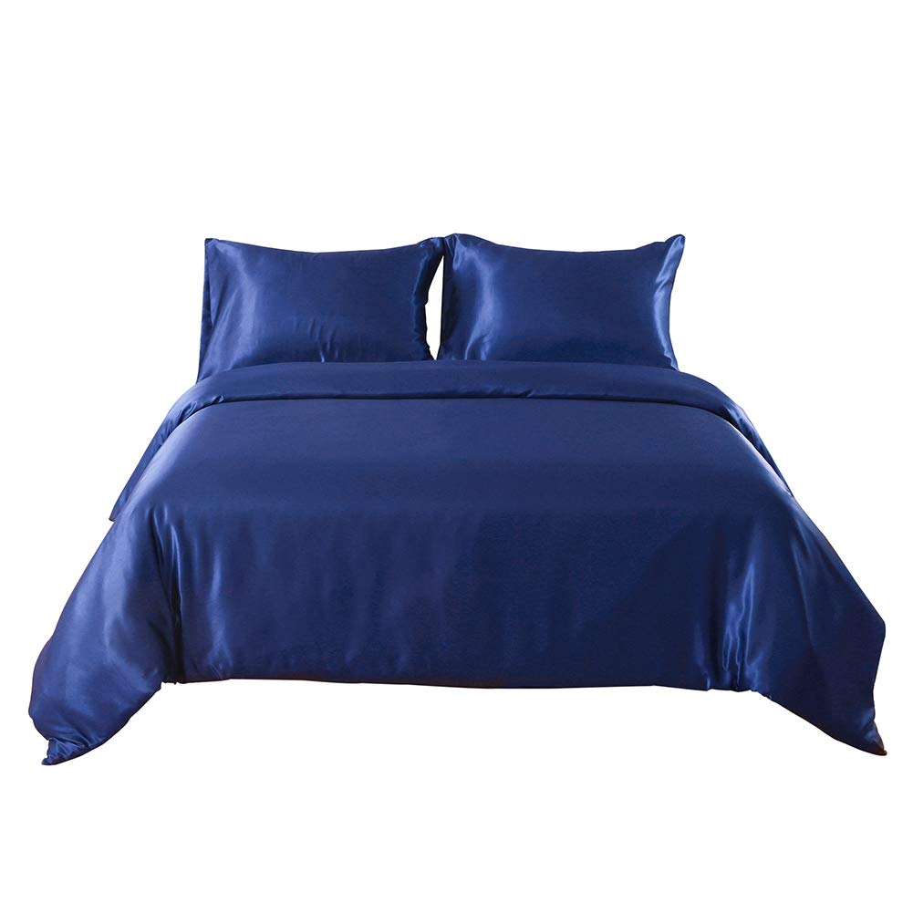 Opulence Bedding Silk Satin Duvet Cover Set Navy Blue California King 3 Piece (Duvet Cover + 2 Pillowcases) Comforter Cover California King Size Zipper Closure