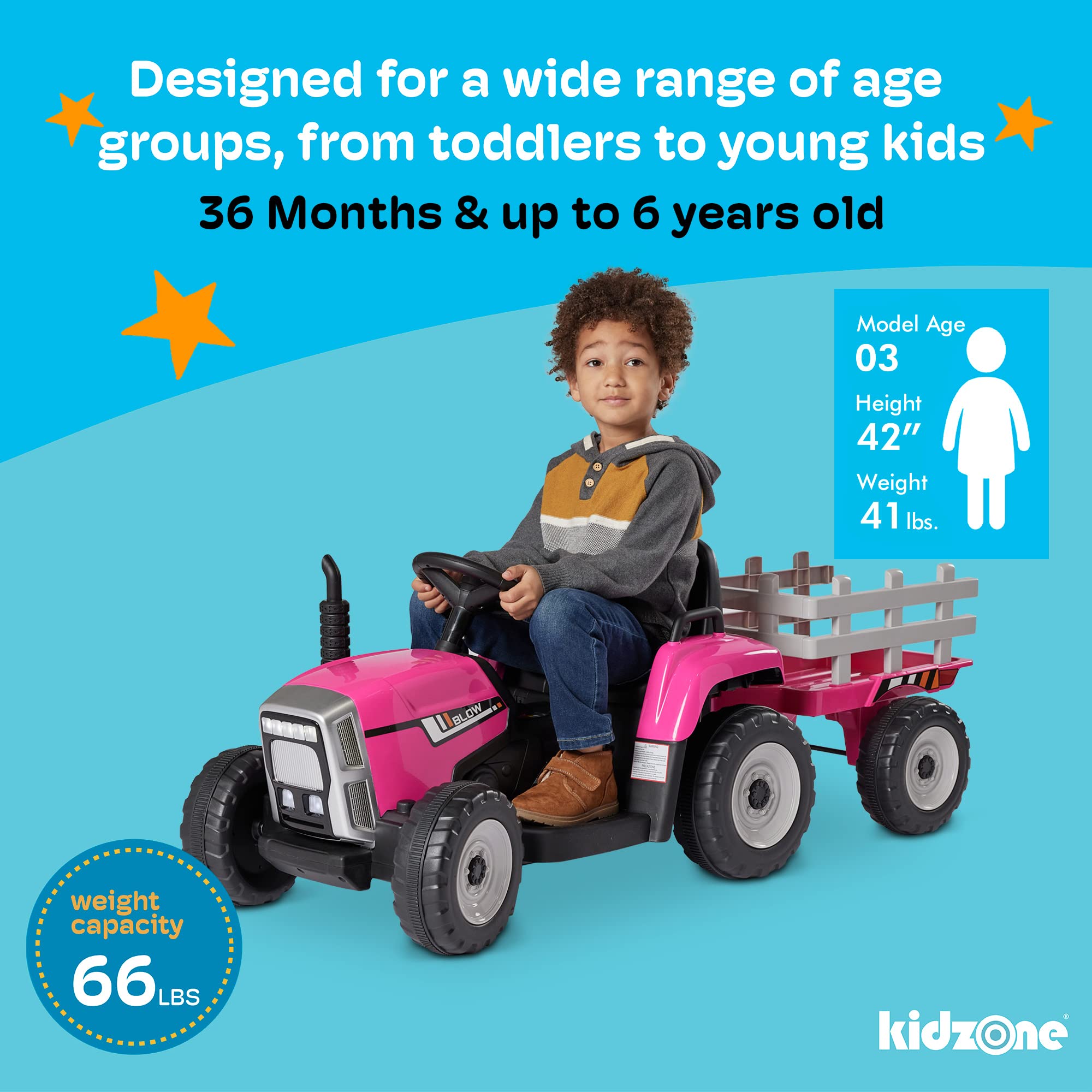 Kidzone 12V 7AH Treaded Tires with Dual 25W Motors Remote Control Battery Powered Electric Tractor with Trailer Toddler Ride On Toy with 3-Gear-Shift 7-LED Lights, MP3 Audio - Pink