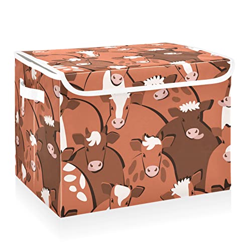 CaTaKu Cartoon Cow Animals Storage Bins with Lids and Handles, Fabric Large Storage Container Cube Basket with Lid Decorative Storage Boxes for Organizing Clothes