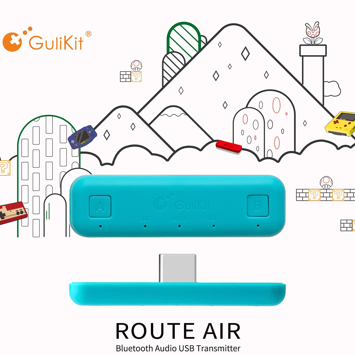 GuliKit Route Air Bluetooth Adapter for Switch & Lite PS5 PC, Dual Stream Bluetooth Wireless Audio Transmitter with aptX Low Latency Connect Your Bluetooth Speakers Headphones - Blue