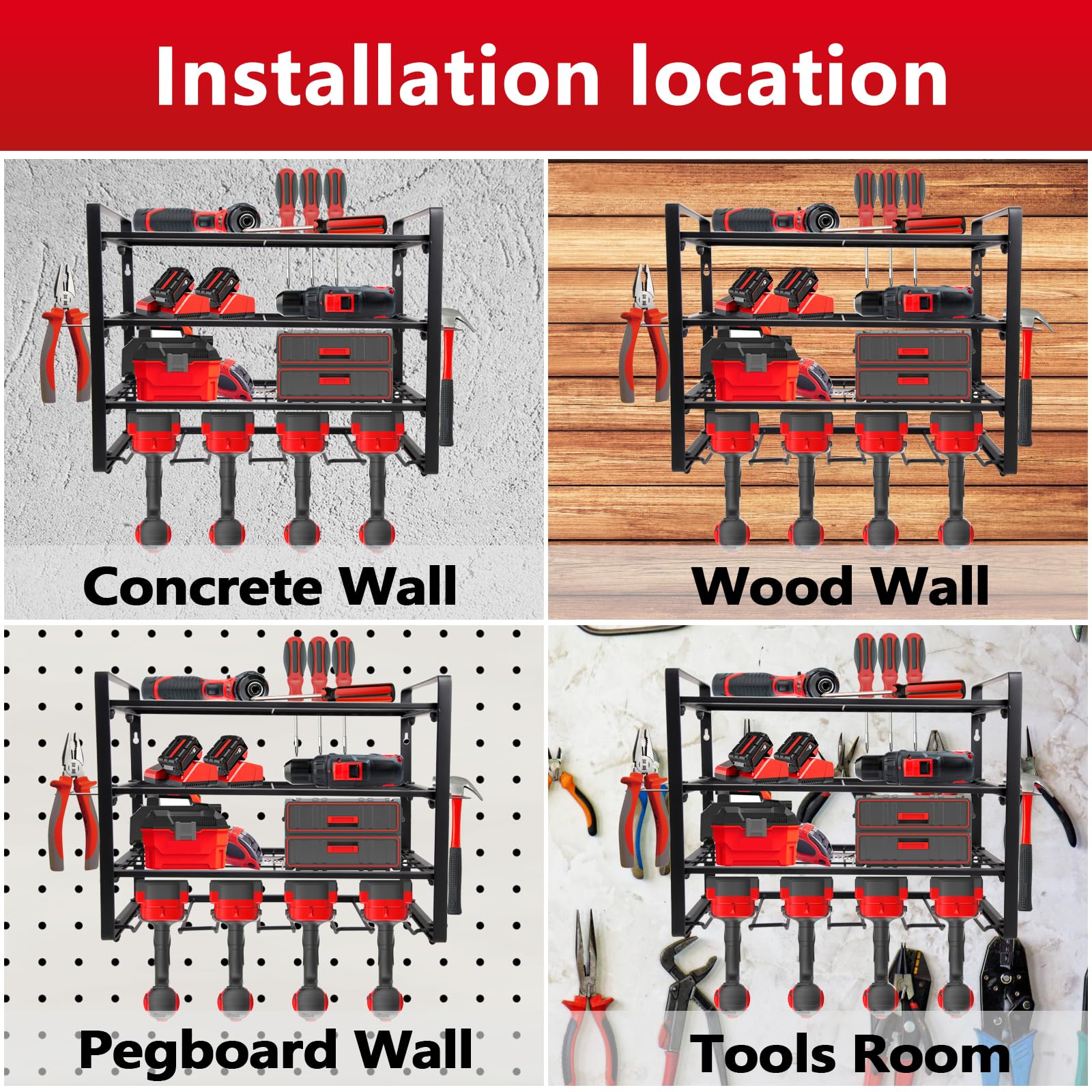Power Tool Organizer,Heavy-Duty 4 Drill Power Tool Storage 4 Layers Large Capacity Easy to Install Wall Mount Tool Organizer Drill,Power Tool Holder With Screwdriver/Plier Holder