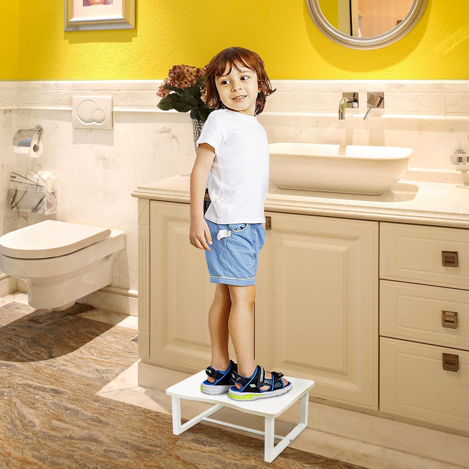 Itsst Wooden Step Stool with 500 Pounds, Wide Bed Step Stool for Adults,Wood White Step Stool&Stable Solid Metal Frame for Kitchen, Bedroom, Living Room, Bathroom
