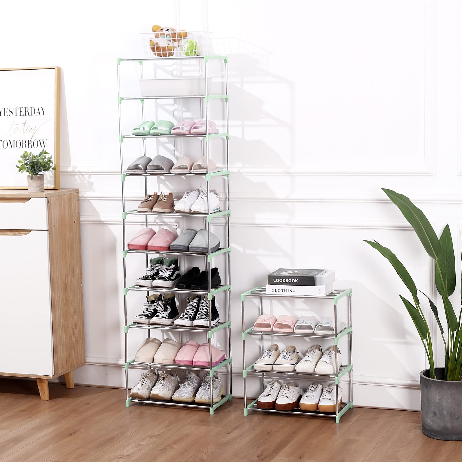 Jucaifu Stackable Small Shoe Rack, Entryway, Hallway and Closet Space Saving Storage and Organization (4-Tier, Green)