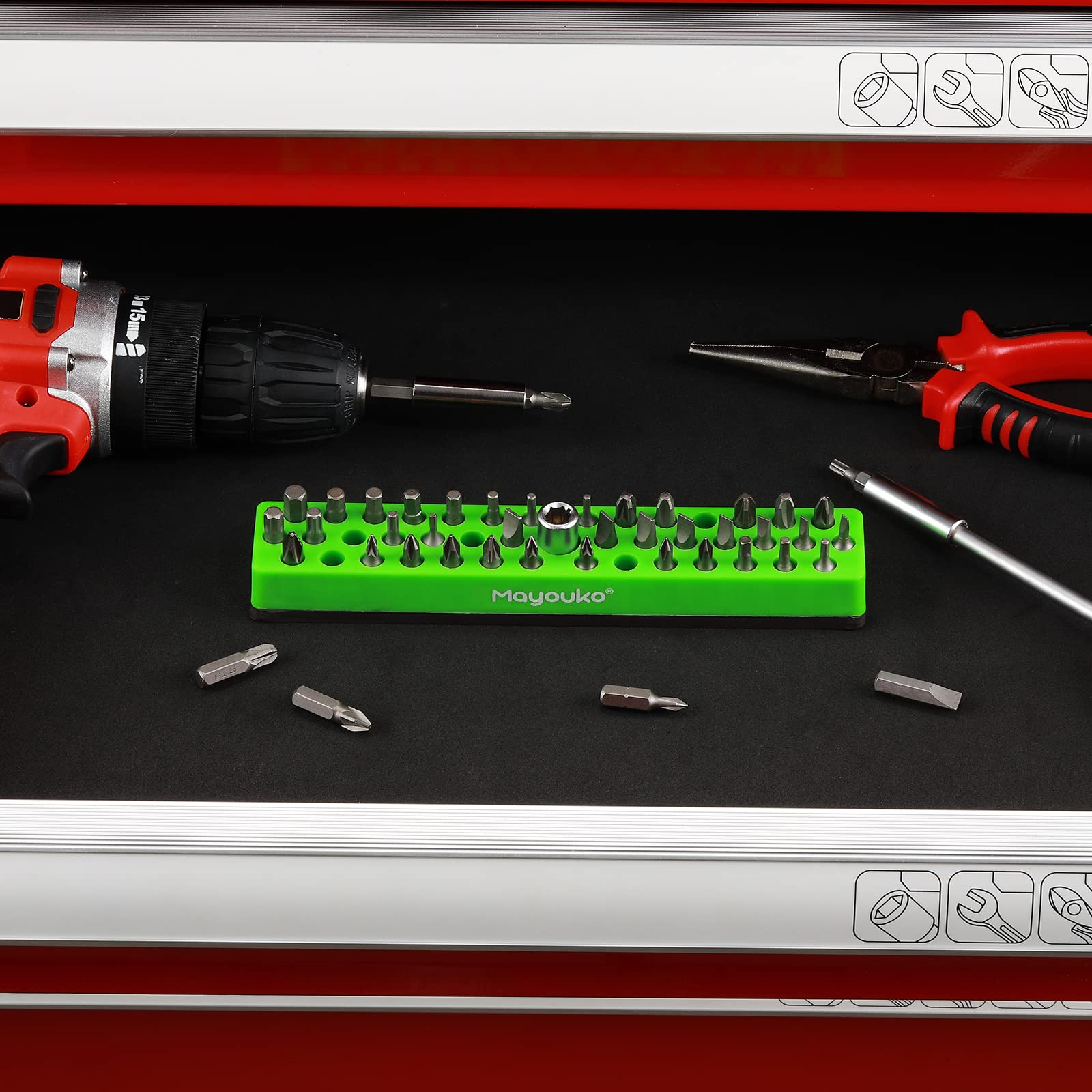 Mayouko 1/4" Magnetic Hex Bit Holder Rack Organizer, 43 Holes, 1/4-Inch Drill Bit Holder, Green, 2 Racks, Magnetic Bit Holder with Magnet Base for Screwdriver Bits