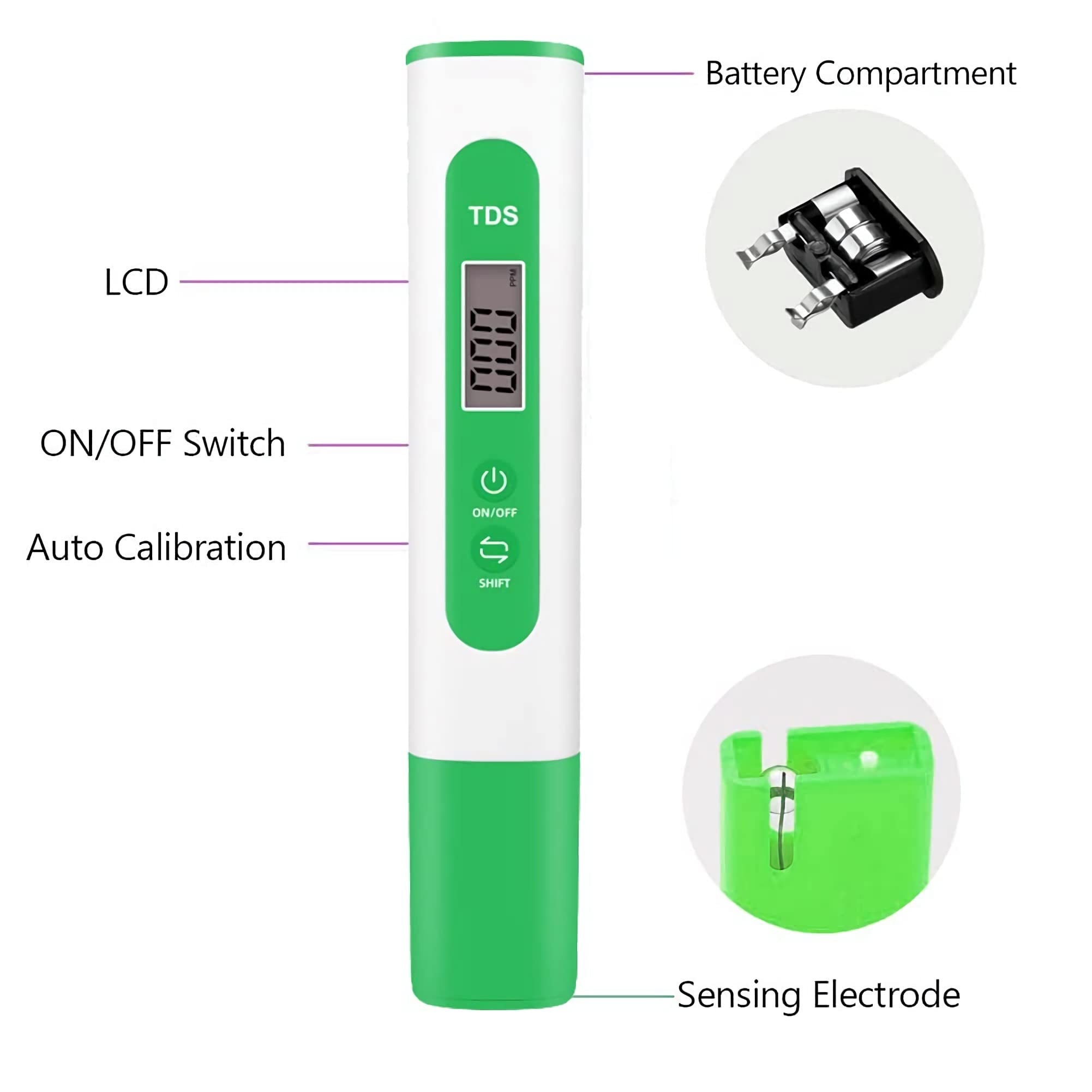 TDS Meter Digital Water Quality Tester for RO-RODI System Drinking Water,Aquariums, Hydroponics,0-9990 ppm Measuring Range,1 ppm Increments,2% Readout Accuracy(Green)
